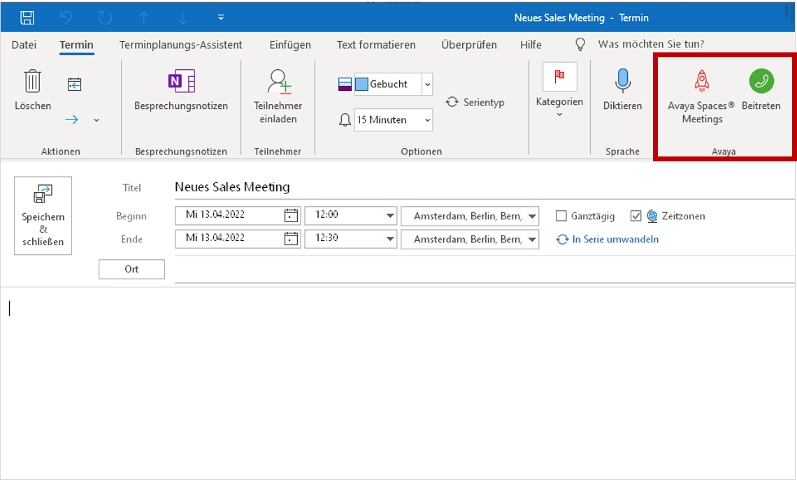 Microsoft Outlook Add-on - Avaya Spaces Meeting Planer | Ein Ereignis ...